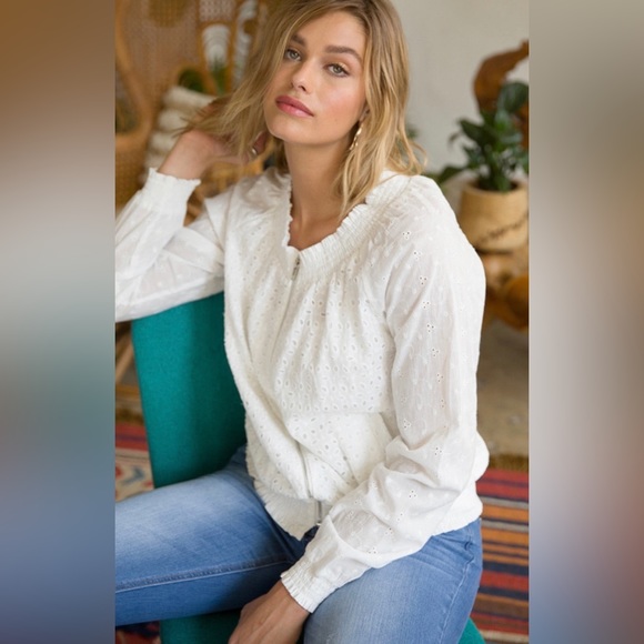 Mystree | Jackets & Coats | Delia White Eyelet Bomber Jacket | Poshmark